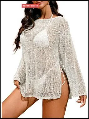 Swim | Crochet Sheer Long Sleeve Beach Coverup Bikini 3 Piece Set ...
